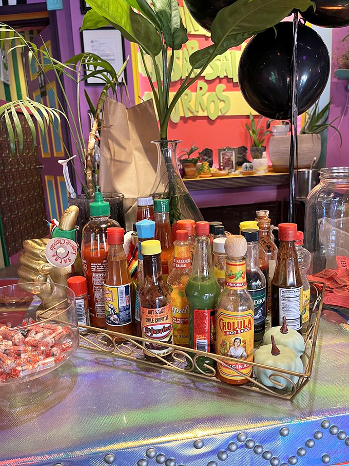 Hot sauce heaven! This collection of liquid fire represents a rainbow of heat possibilities. Choose your adventure, from mild awakening to full-blown taste bud revolution.
