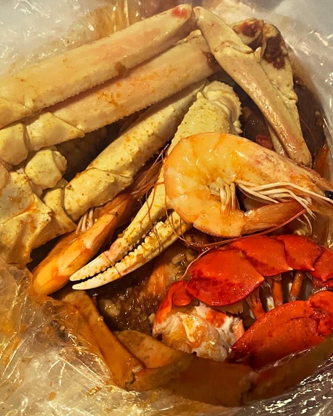 The seafood medley in its natural habitat&mdash;a clear plastic bag. Like a delicious aquarium where everything is perfectly seasoned.