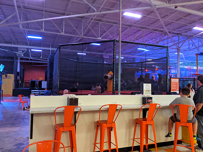 Orange industrial chairs add a pop of modern style to the seating area, where spectators can rest weary legs between bouts of bravery.