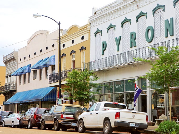 The historic Pyron building stands as a colorful testament to Natchez's commitment to preserving its architectural heritage while keeping downtown vibrant.