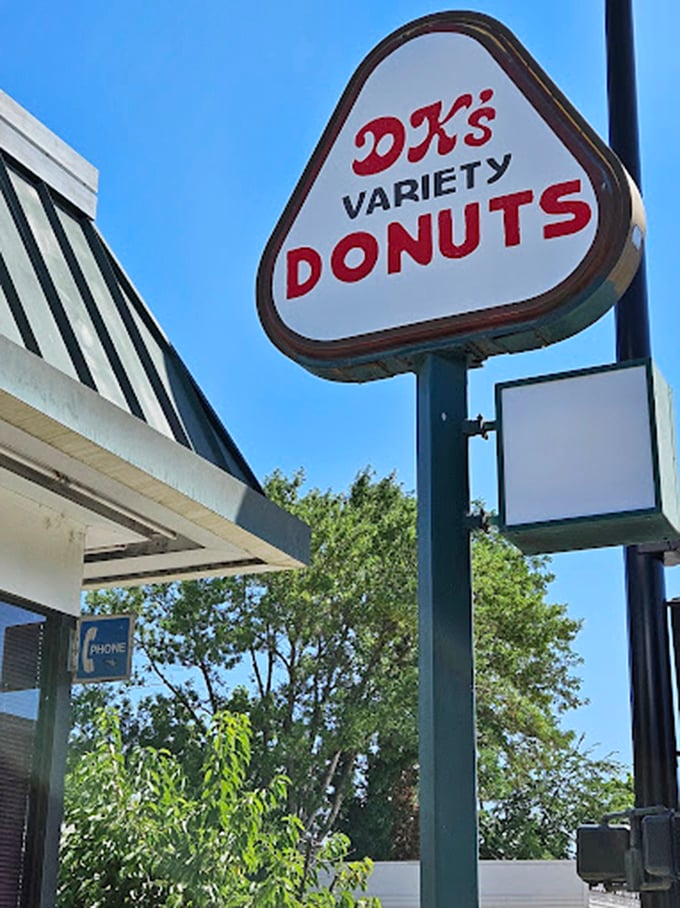 The triangular sign stands as Boise's North Star for the sweet-toothed traveler—follow it and find your reward.
