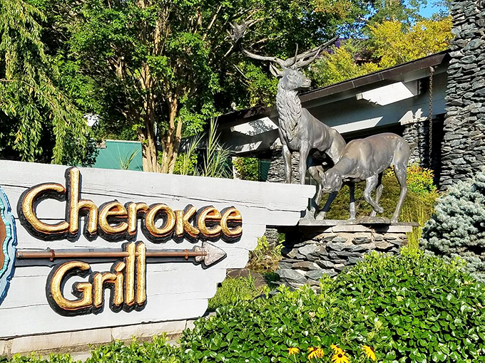 That illuminated sign isn't just practical nighttime branding&mdash;it's a culinary lighthouse guiding hungry travelers through Gatlinburg's tourist fog toward meat-centered salvation.
