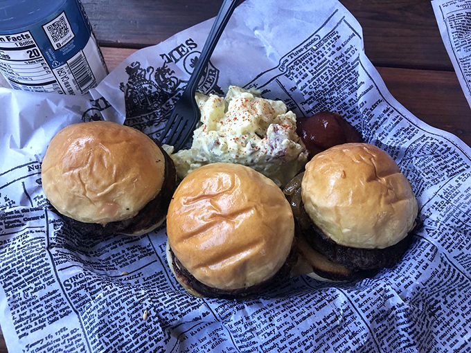 Three perfect sliders, each a miniature masterpiece. Proof that sometimes the best things come in small packages with potato salad.