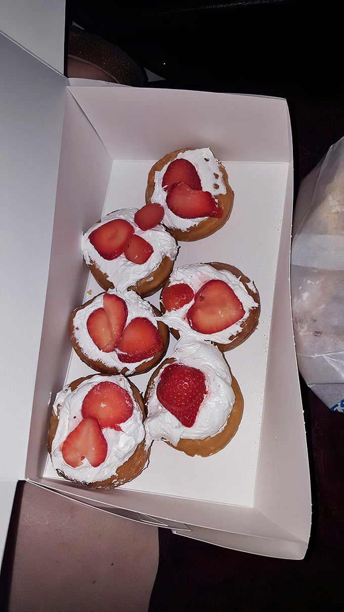 Strawberry shortcake donuts that bridge the gap between breakfast and dessert. Berry-topped brilliance that makes fruit count as a breakfast food.