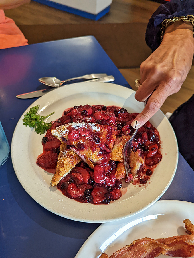 French toast that took a detour through berry paradise. This isn't breakfast&mdash;it's dessert with morning privileges.