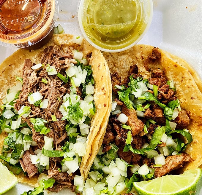 Street tacos done right&mdash;simple, unadorned perfection topped with fresh cilantro and onion, with lime standing by for its supporting role.