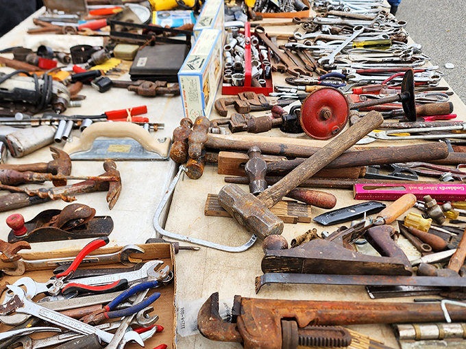 Tools with the patina of stories to tell, spread across tables like an archaeological dig of American craftsmanship. One man's junk is another's treasure.