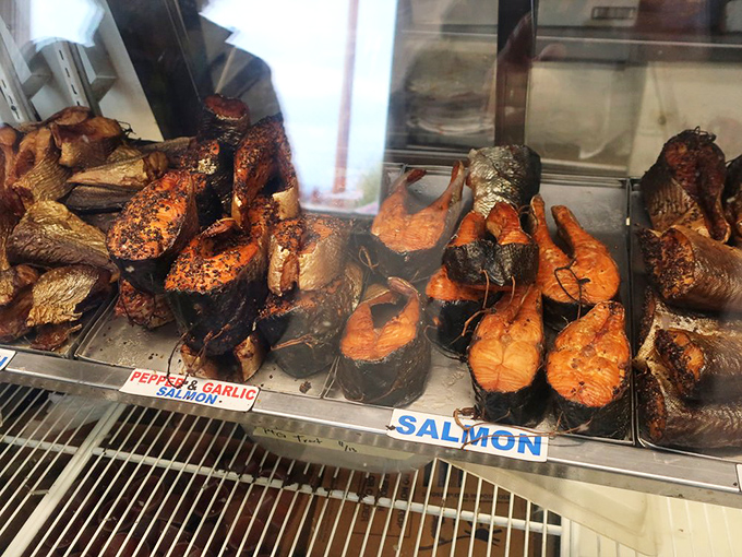 Seafood heaven behind glass. This display case showcases the smoky treasures that have made pilgrims of ordinary food lovers for generations.