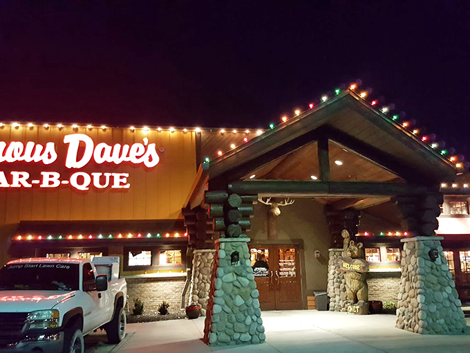Famous Dave's Bar-B-Que: "Twinkling lights, log cabin vibes. Like a BBQ fairy tale where the happy ending involves meat sweats."