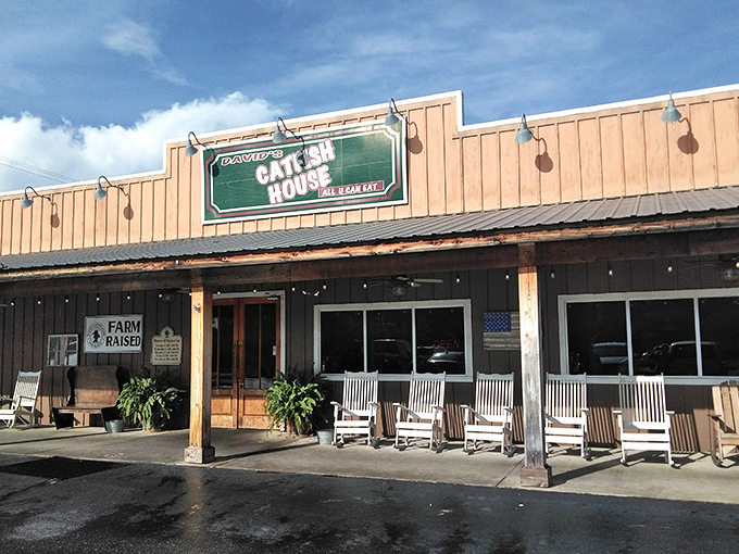 The unassuming wooden exterior of David's Catfish House is like a treasure chest&mdash;plain on the outside, filled with golden-fried delights within.