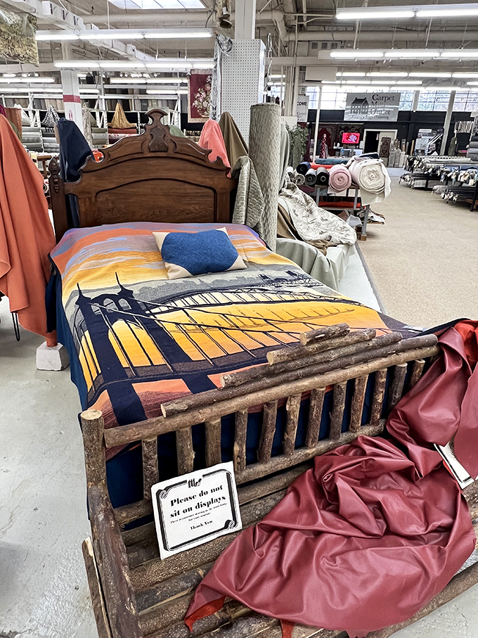 A display bed showcasing Portland's iconic St. Johns Bridge&mdash;because why sleep under ordinary sheets when you can dream beneath landmarks?