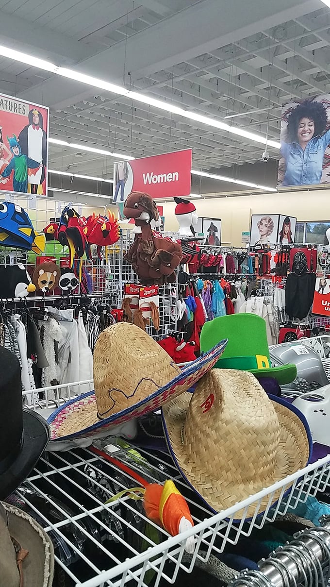 Halloween never ends in the costume section, where sombreros and animal hats stand ready for your next theme party or impromptu character transformation.