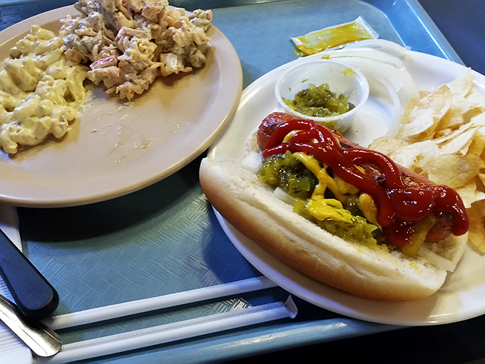 A proper diner hot dog with all the fixings and potato salad&mdash;comfort food that speaks fluent Americana.