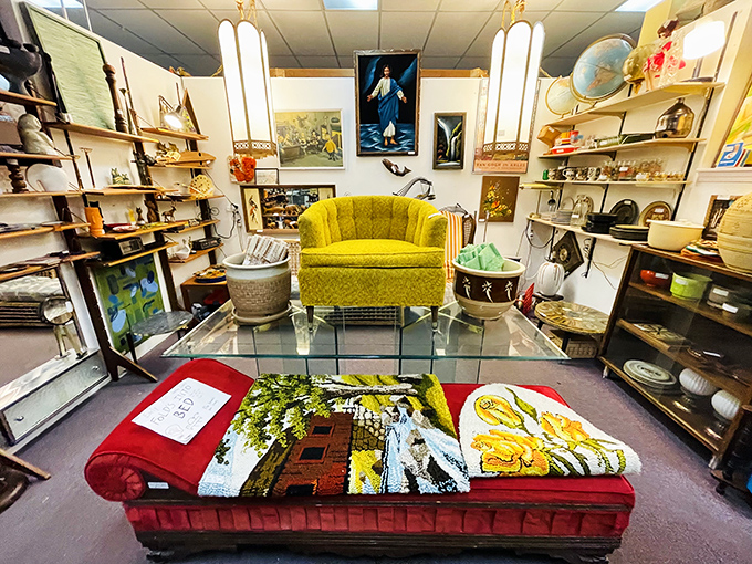 Vintage advertising signs and collectibles create a time capsule of American consumerism. That "SLOW" sign? Excellent life advice.