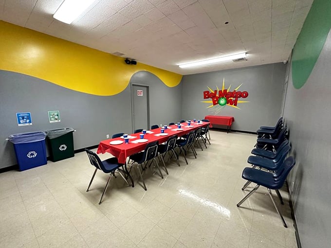 The birthday party room awaits its next celebration, where sugar-fueled children will create memories that last longer than their bowling form.