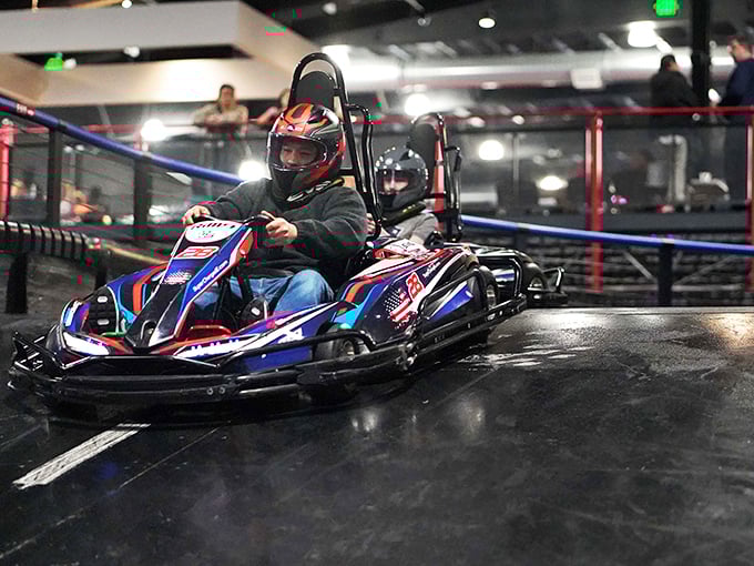 "And they're neck and neck coming into the final turn!" The look of pure concentration says it all &ndash; friendships temporarily suspended during race time.