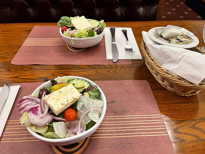 Greek salads that prove vegetables can hang with the cool kids. That block of feta is practically begging for its close-up.