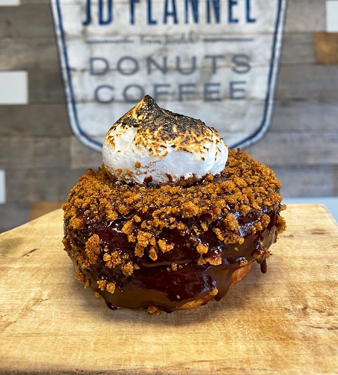 The s'mores donut that would make campfire purists weep with joy. Marshmallow perfection meets chocolate decadence.