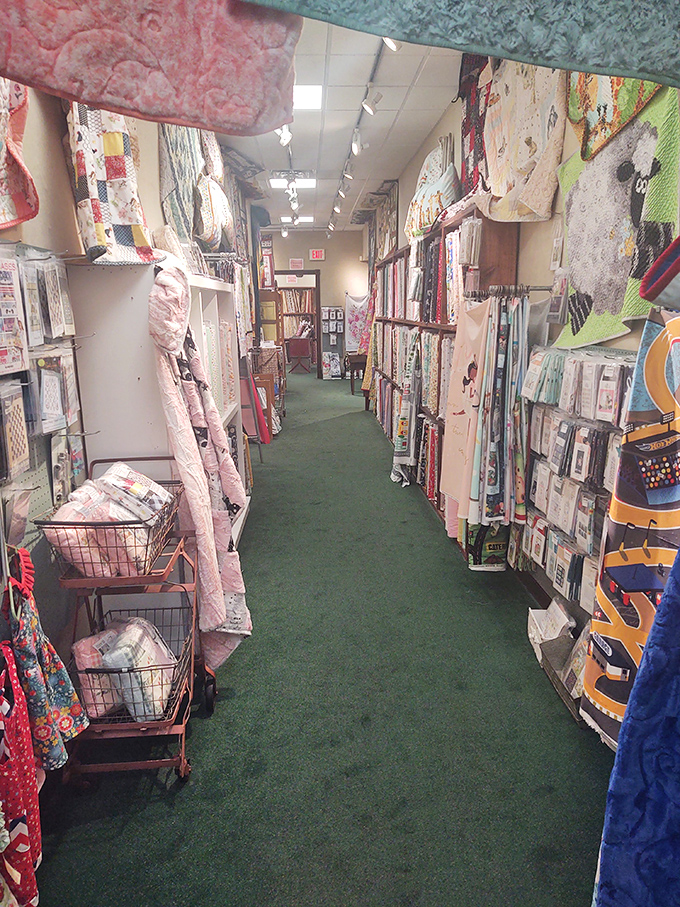 Hanging quilts showcase patterns from traditional to modern, each one a testament to patience, precision, and creative vision.