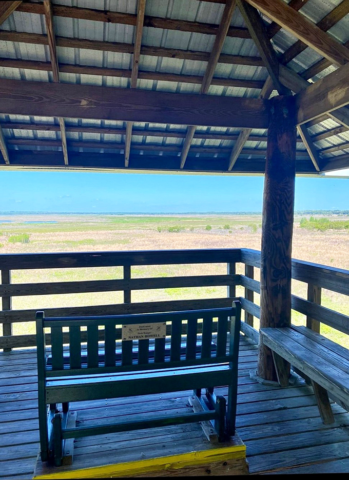 The perfect spot for contemplation—this covered bench offers front-row seats to nature's greatest show, no ticket required.