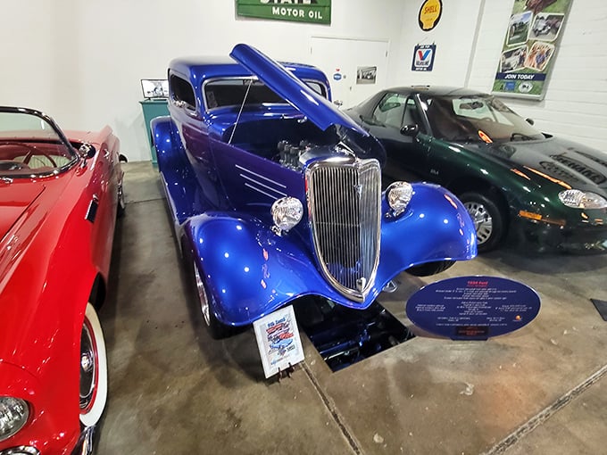This electric blue 1932 Ford hot rod gleams under the lights &ndash; the kind of car that makes grown adults suddenly remember their teenage daydreams.