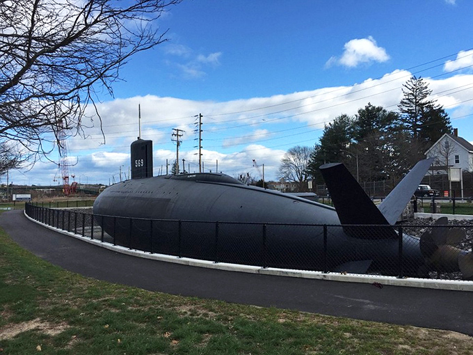 The USS Albacore submarine sits landlocked like a beached metal whale, a Cold War veteran now peacefully retired to educate rather than patrol.