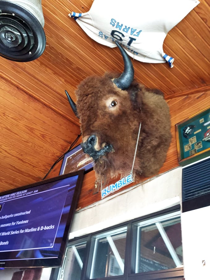 "Rumble" the buffalo watches over diners like a patron saint of beef, silently judging those who order their burgers well-done.
