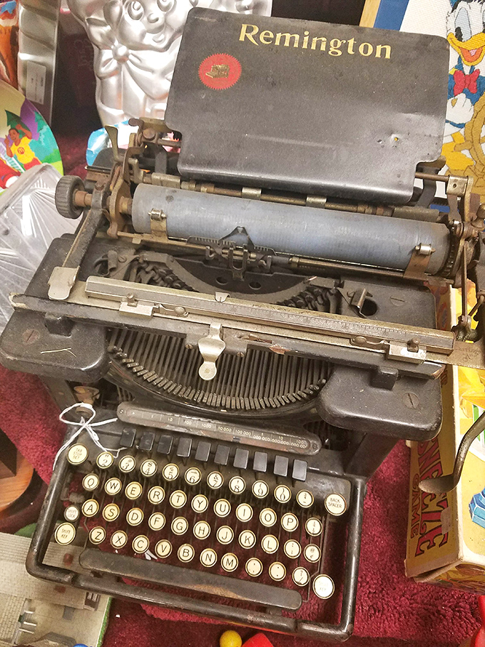 This vintage Remington typewriter awaits its next great American novel. The keys that once typed letters home now stand ready for their Instagram moment.