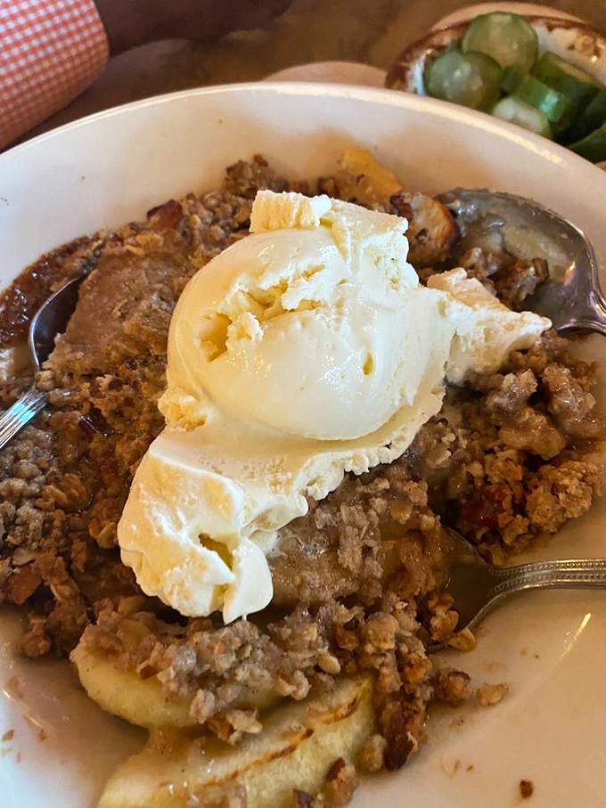 The Apple Crisp arrives like a warm hug in dessert form, with vanilla ice cream melting into the cinnamon-spiced apples below.