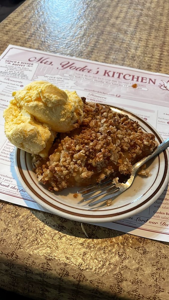 Apple crisp with ice cream melting into warm cinnamon-scented crevices. This isn't dessert&mdash;it's what happiness would look like if it took physical form.