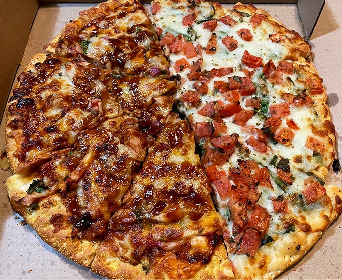 The best of both worlds! Half BBQ chicken, half fresh tomato&mdash;like having your cake and eating pizza too.