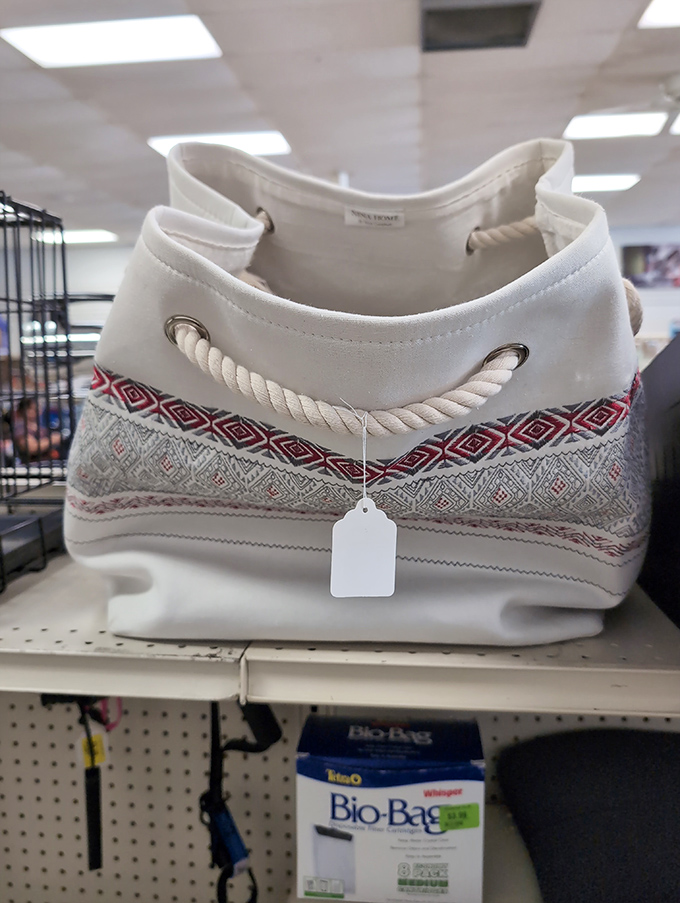 Not just a bag, but a conversation starter. This nautical-inspired tote with distinctive pattern work is ready for its second life of adventures.