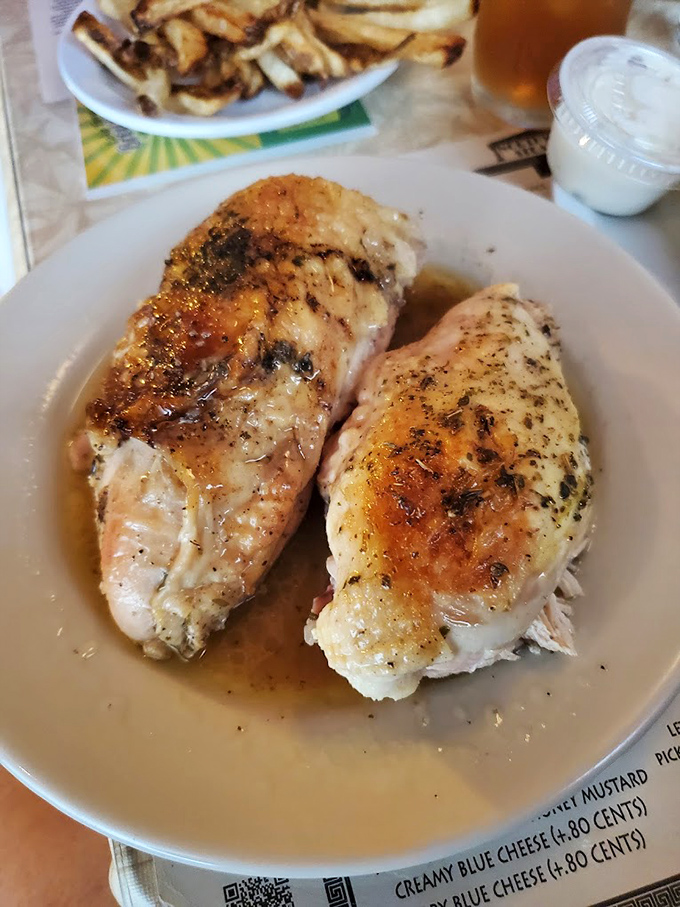 Chicken breasts that haven't forgotten they're supposed to be moist. The same Greek seasonings that make the steaks famous work magic on poultry too.