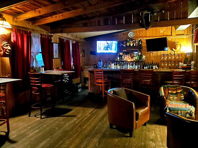 The bar area isn't trying to be trendy; it's trying to be exactly what it is&mdash;a comfortable place where drinks are poured with generous hands.