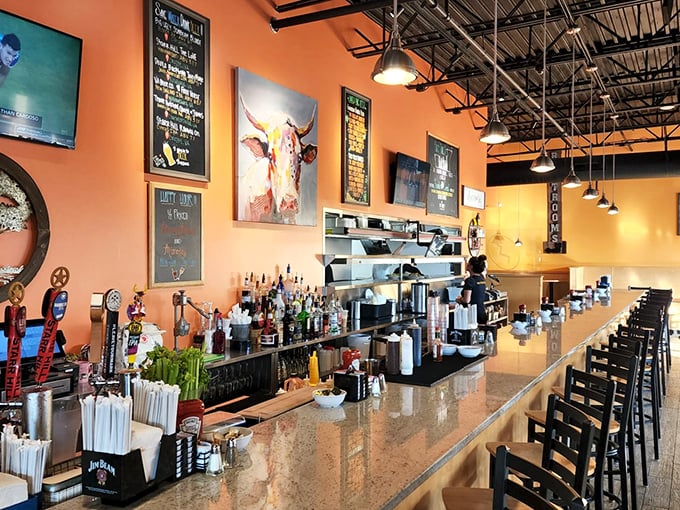 A bar that understands breakfast cocktails deserve the same respect as dinner ones. That cow painting seems to approve of your morning Bloody Mary decision.