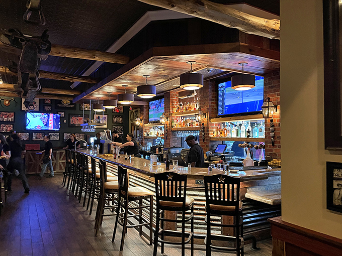 The bar area gleams with promise, a watering hole where bourbon flows and food-focused conversations flourish under rustic wooden ceilings.