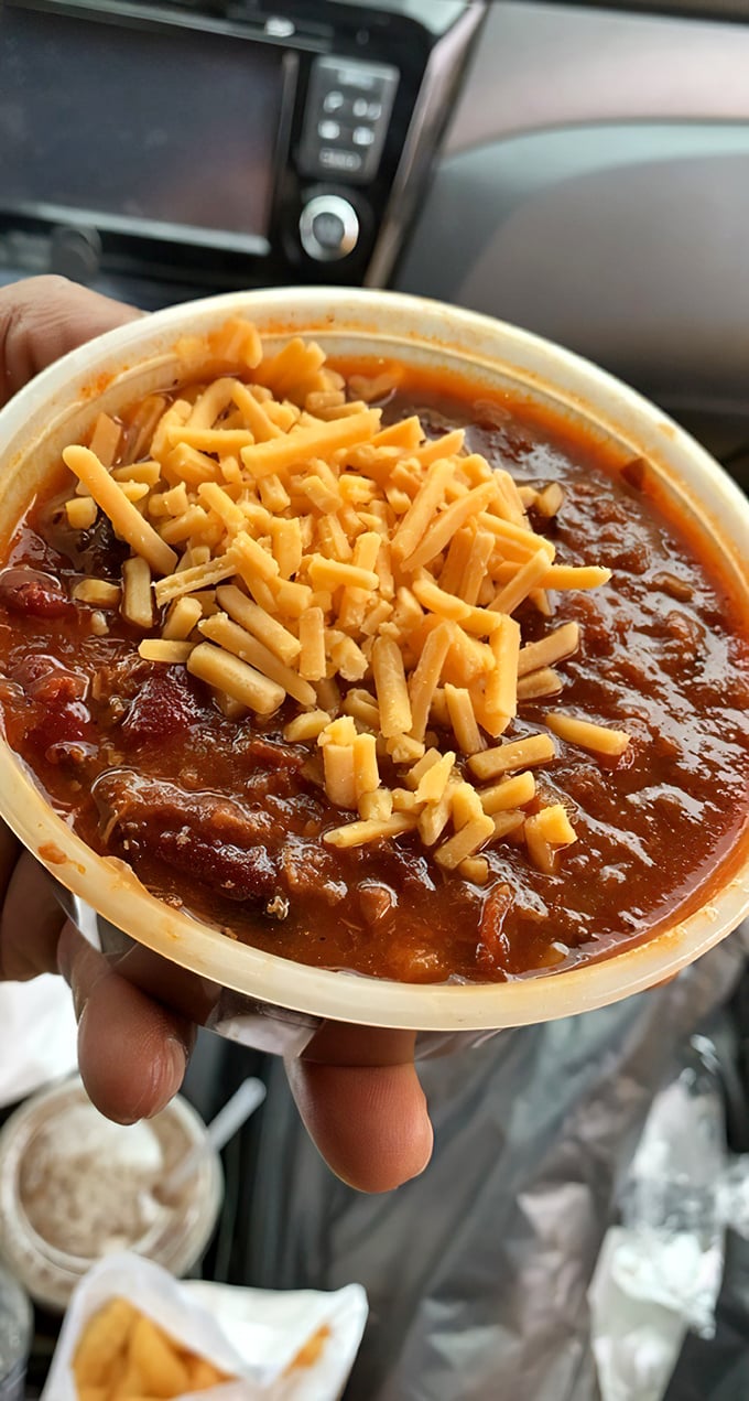 Chili that's thinking outside the bowl. The melted cheese is like a sunset over a delicious, beefy landscape.