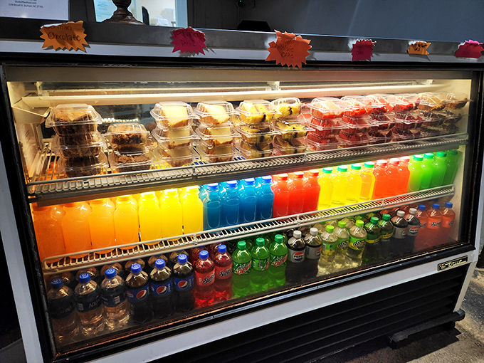 The colorful beverage case &ndash; a rainbow of options to wash down your seafood feast when water just won't cut it.