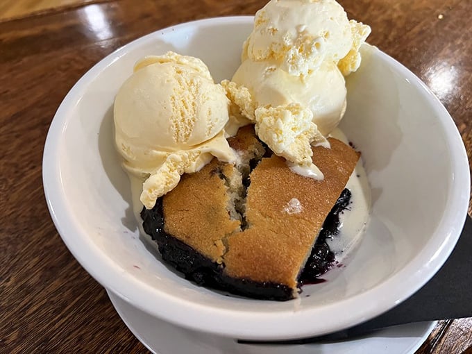 Blueberry cobbler with ice cream melting into warm fruit&mdash;a dessert so honest it could run for public office.