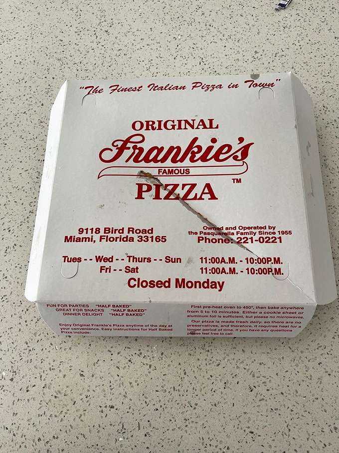 The box that launches a thousand Miami family dinners. "The Finest Italian Pizza in Town" isn't just marketing&mdash;it's truth in advertising.