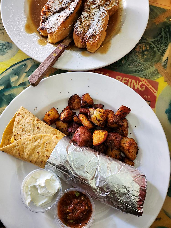 Breakfast goes portable with this hefty burrito, wrapped in foil like the precious gift it is, with crispy potatoes standing guard.