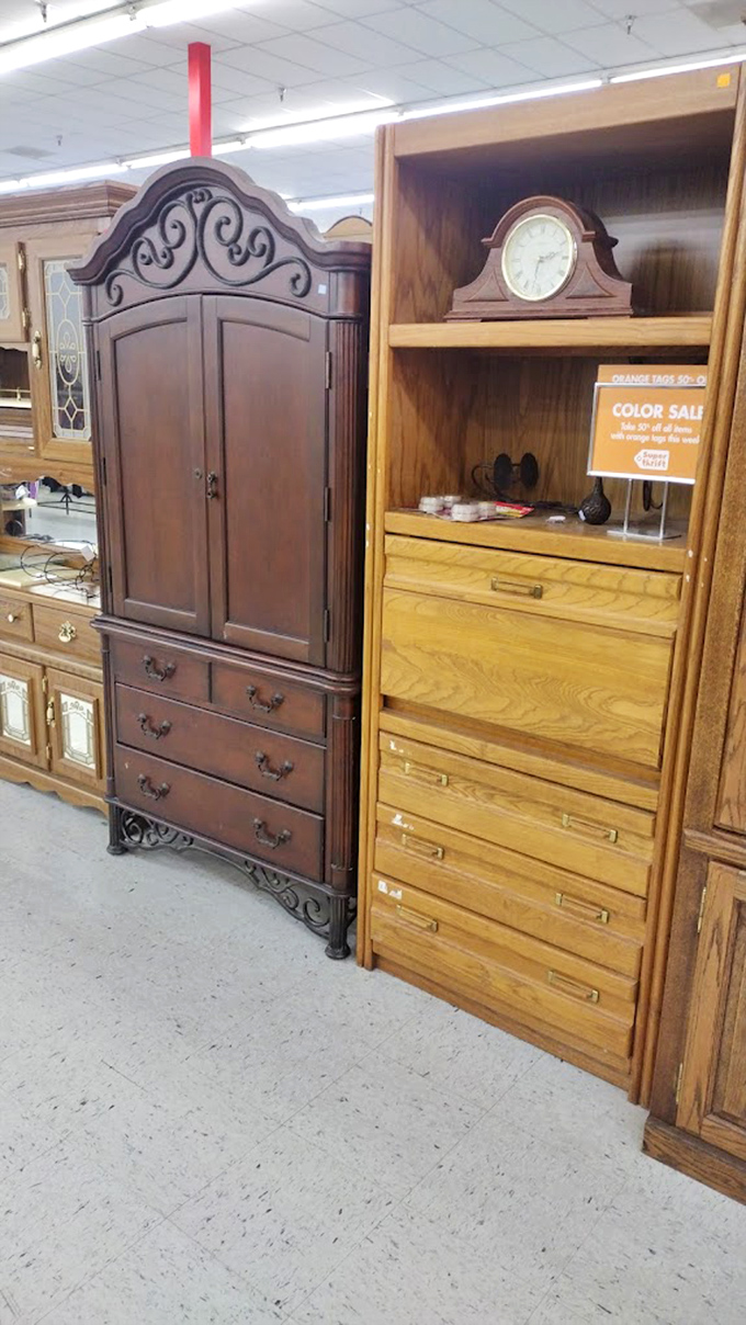 
Stately armoires and dressers stand like sentinels of storage. That ornate wardrobe could be the gateway to Narnia or just a really great place for sweaters.