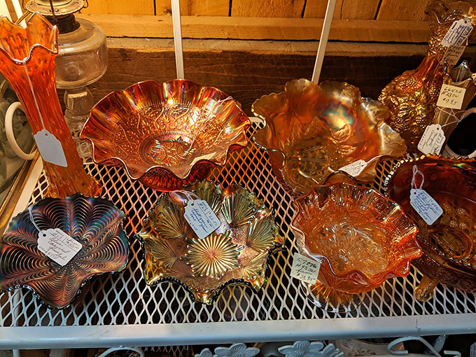 Carnival glass catching light like sunset on water. These iridescent treasures once given as midway prizes now command the attention of serious collectors.