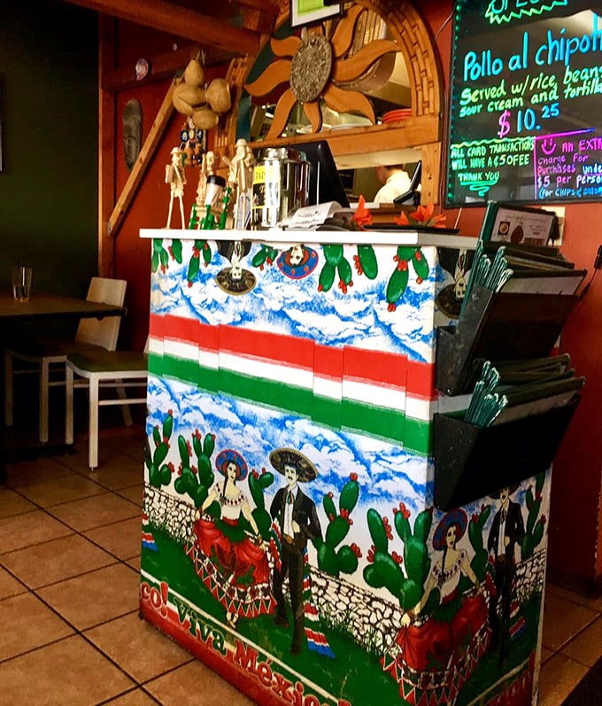 This colorful counter tells Mexico's story through art &ndash; cacti, traditional dress, and the promise of authentic flavors all in one glance.