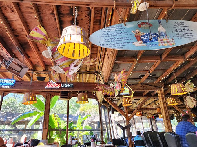 Surfboards and basket lamps hanging from the ceiling&mdash;because when the seafood is this good, even the decorations get to have fun.