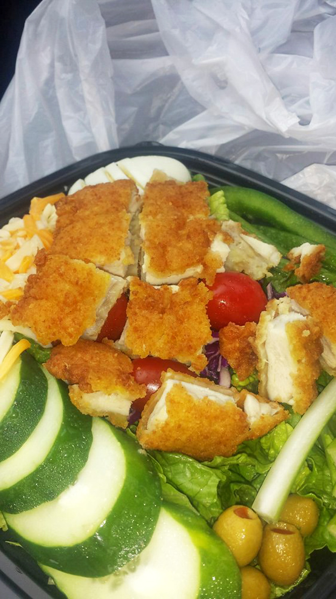 A salad that doesn't apologize for the crispy chicken on top. "Yes, I'm healthy&hellip;ish," it proudly proclaims.