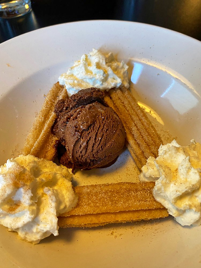 Churros and ice cream&mdash;the dessert equivalent of a perfect marriage. Cinnamon-sugar crunch meets cool, creamy chocolate in a romance for the ages.