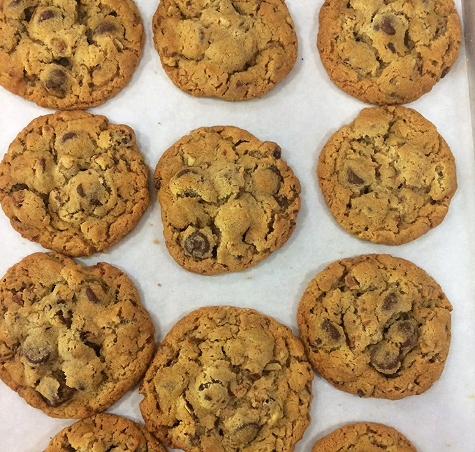 Golden-brown chocolate chip cookies arranged in perfect formation, their crisp edges and soft centers representing cookie engineering at its finest.