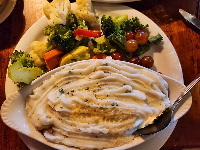 Cottage pie that looks like a cloud of potato perfection floating above a sea of savory vegetables. Comfort food that hugs you from the inside.