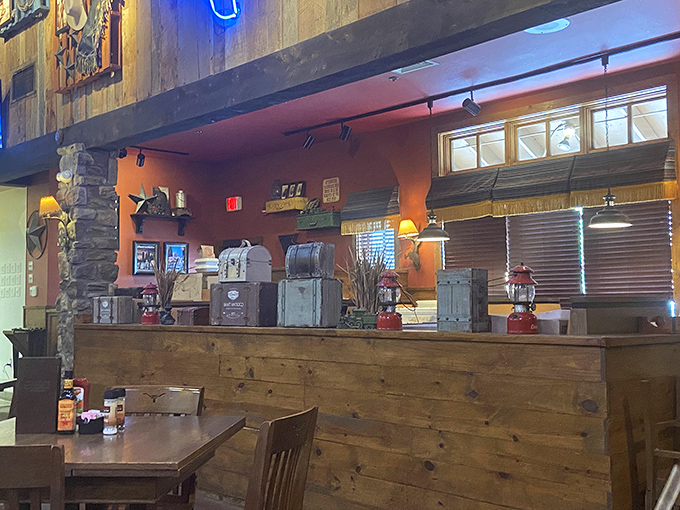 Rustic wooden panels and vintage decor create that sweet spot between "carefully designed" and "authentically weathered"&mdash;just like a perfect steak.